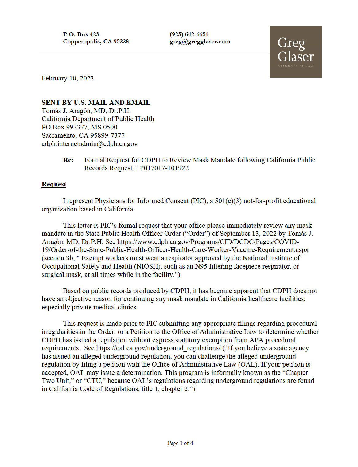 Formal Request for CDPH to Review Mask Mandate following California ...