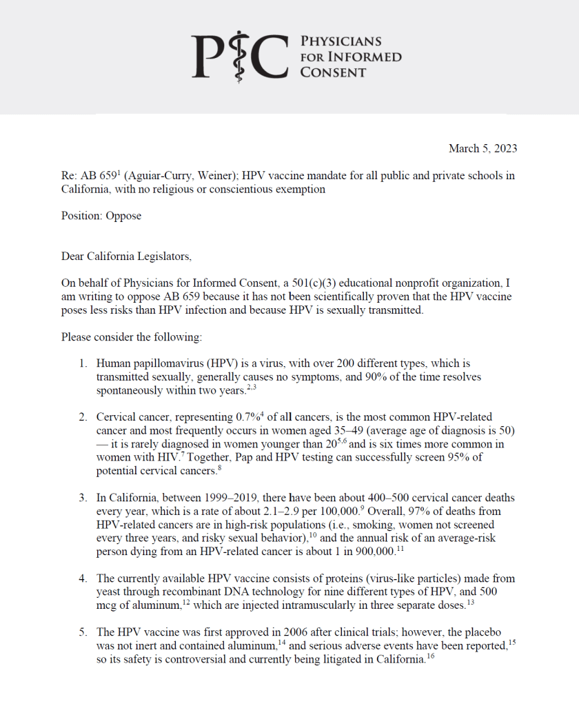 Physicians for Informed Consent Opposes Proposed HPV Vaccine Mandate in ...